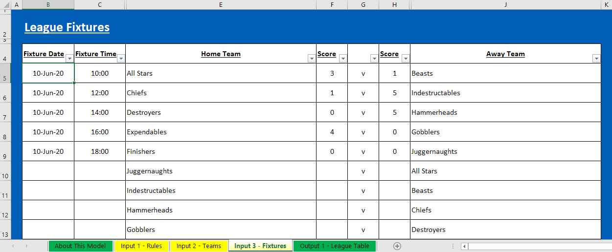 Sports League Table – Dave The Spreadsheet Guy